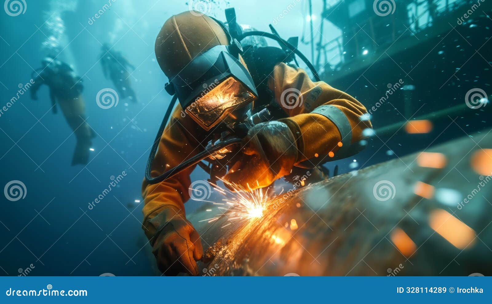 Diver Underwater Welding A Support Beam Of An Oil Platform Royalty-Free ...