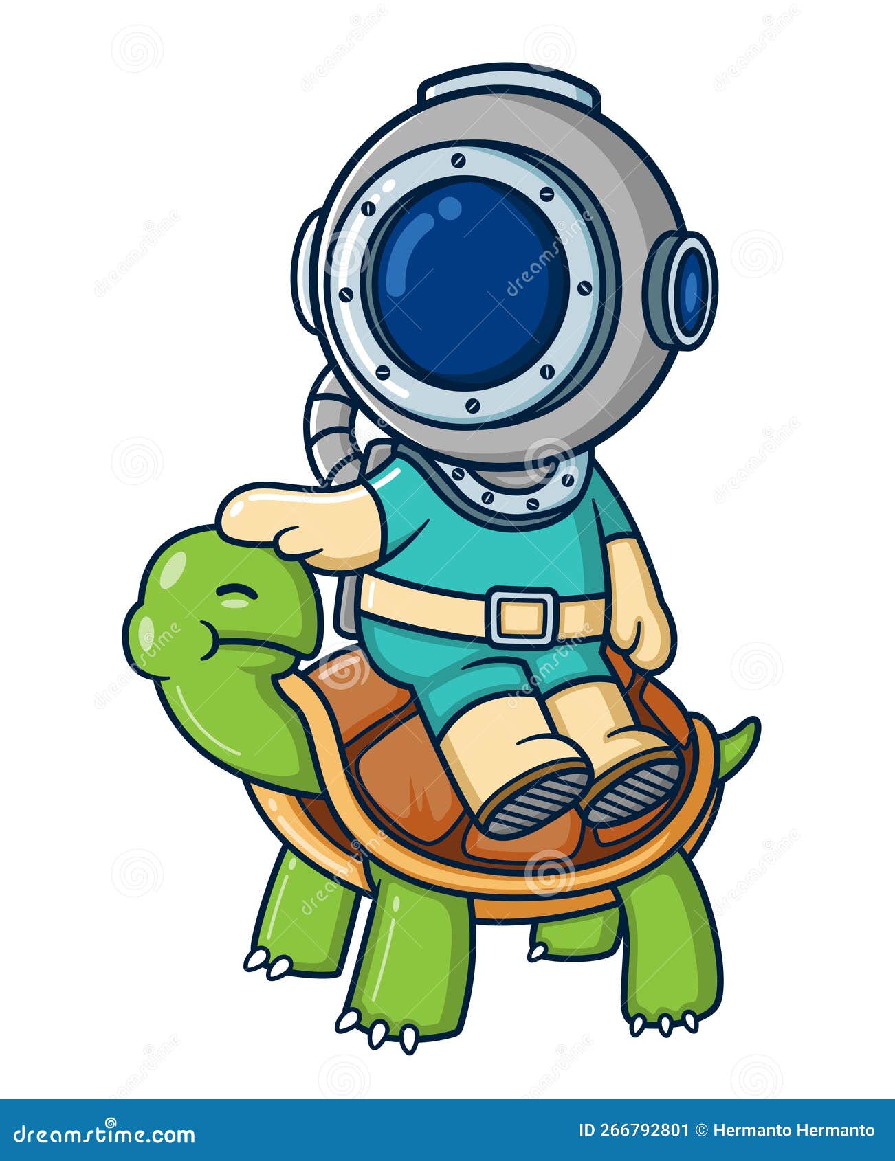 The Diver Sitting on a Big Turtle Stock Vector - Illustration of cute ...
