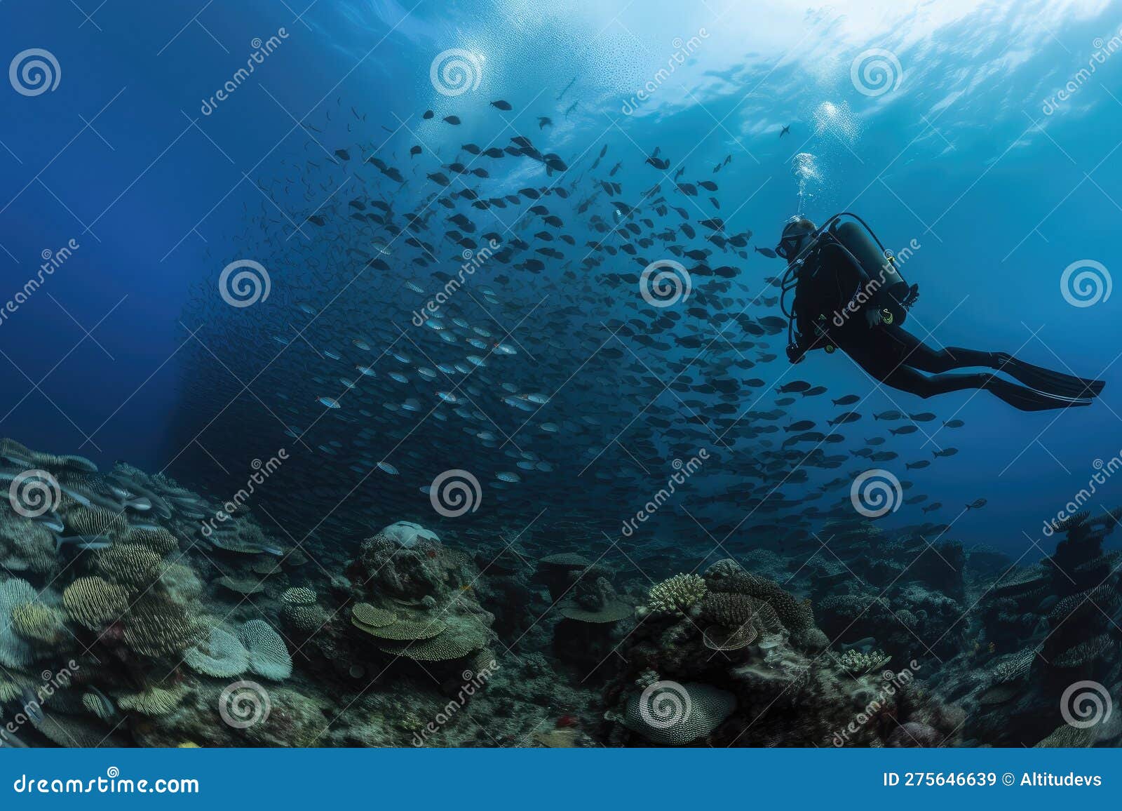 Diver Surveying the Reef, Surrounded by Schools of Fish Stock ...