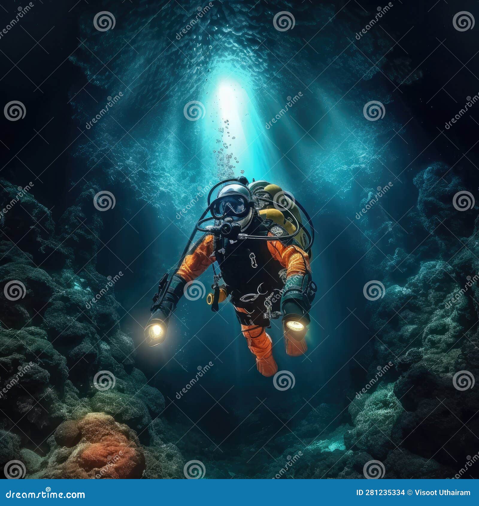 Diver Underwater, Depth, Diving Exploration in the Sea Stock ...