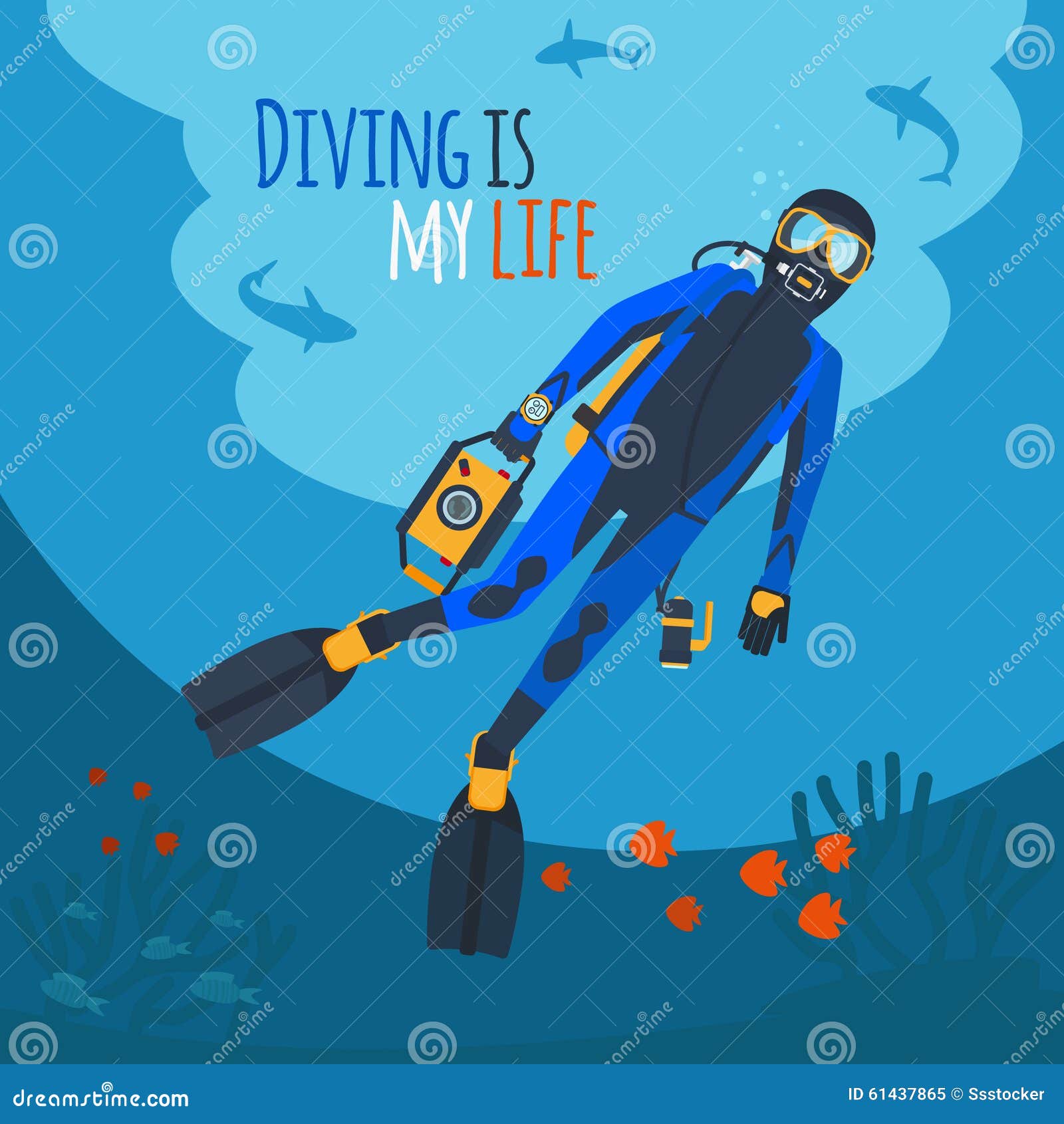 Diver In Sea Underwater, Vector Illustration. Man Woman People ...