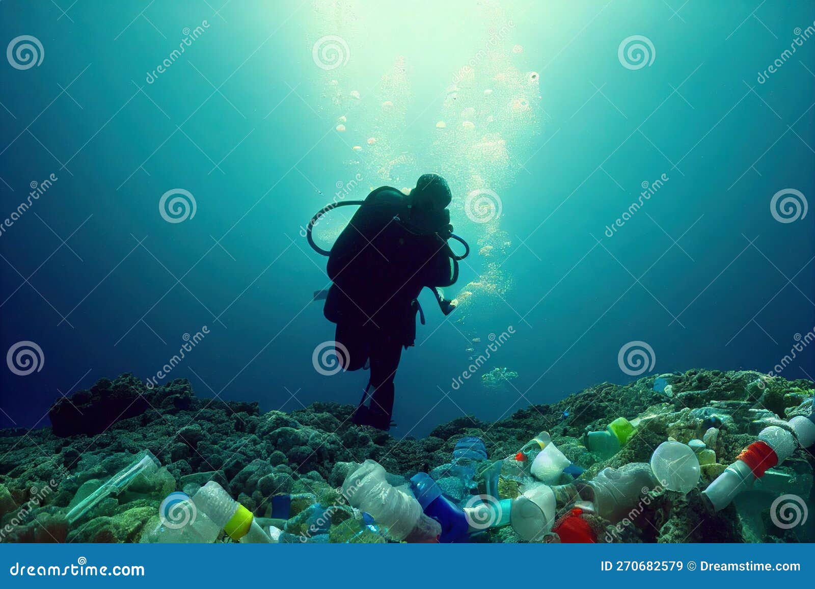 Diver On The Seabed Among The Destroyed Columns. Deep Sea Explorer In ...