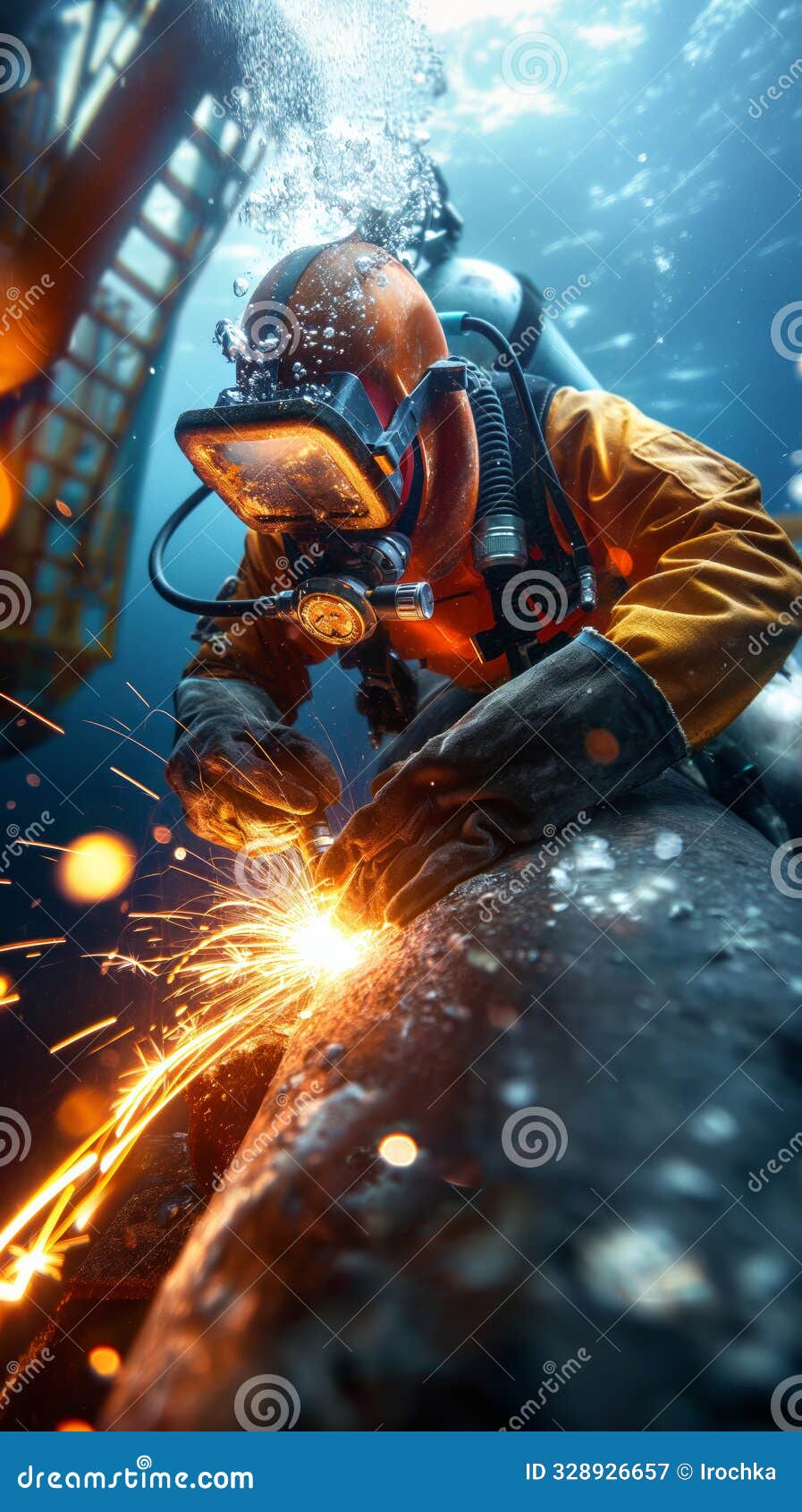 Diver Underwater Welding a Support Beam of an Oil Platform Stock Image ...