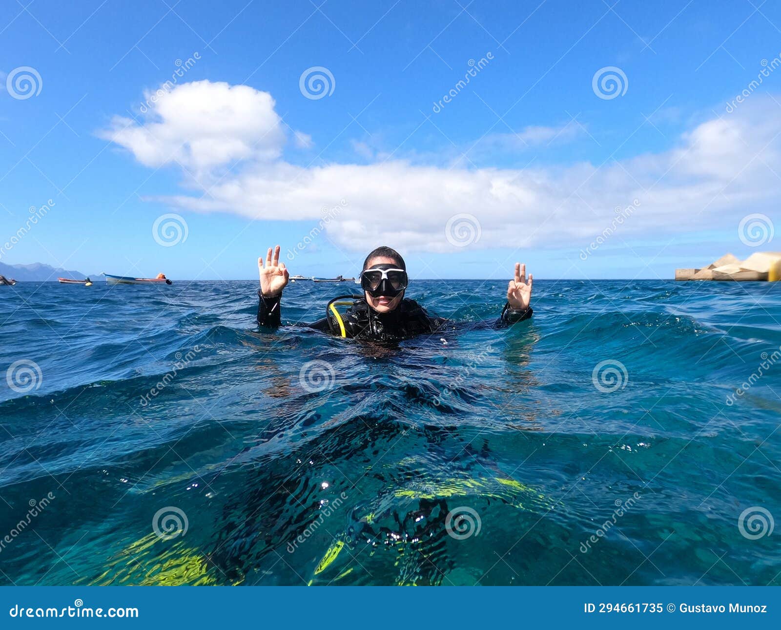 Diver Woman Floating on the Surface of the Water Making the Ok Sign ...