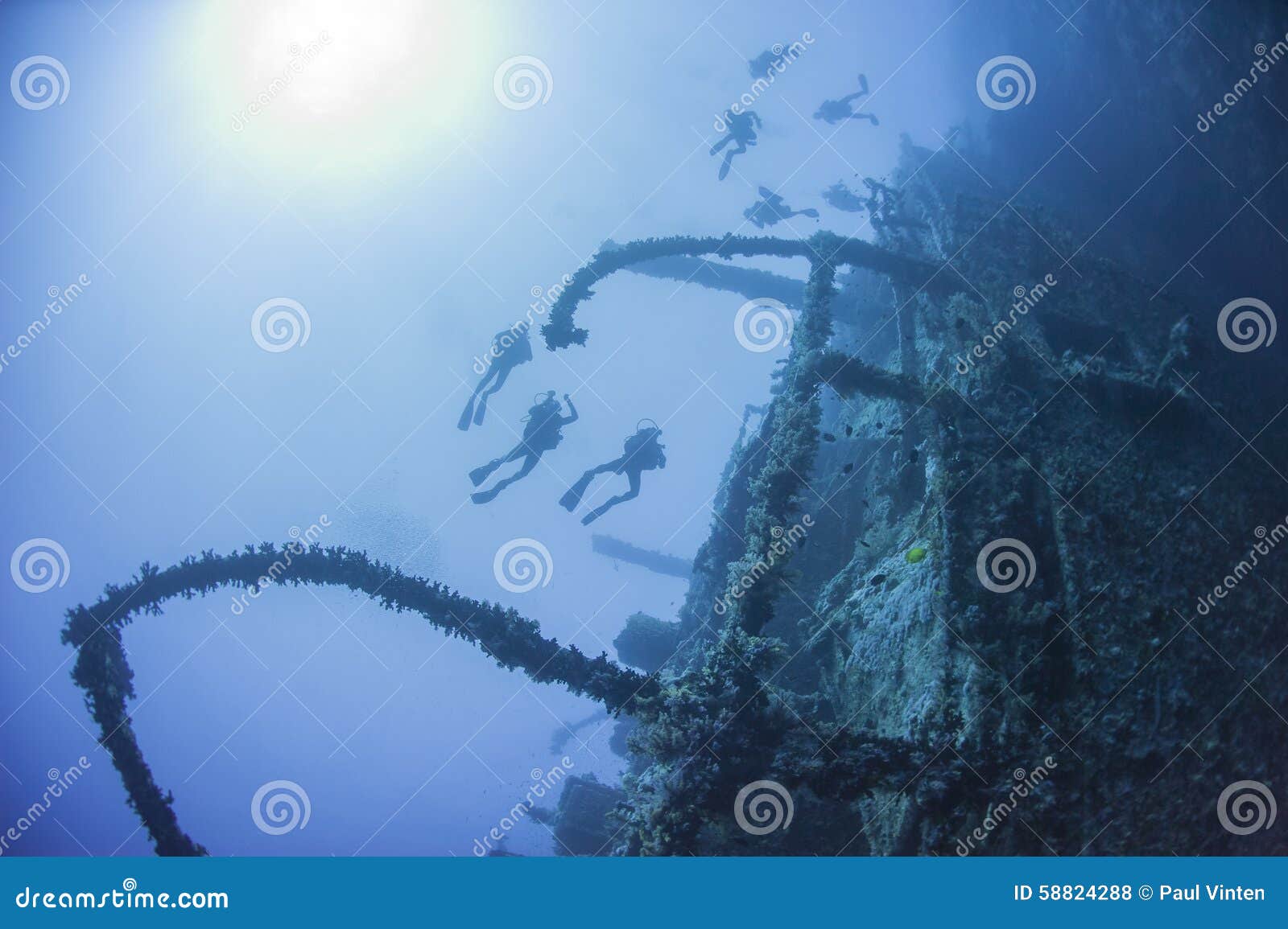 Divers on a Deep Underwater Shipwreck Stock Photo - Image of history ...