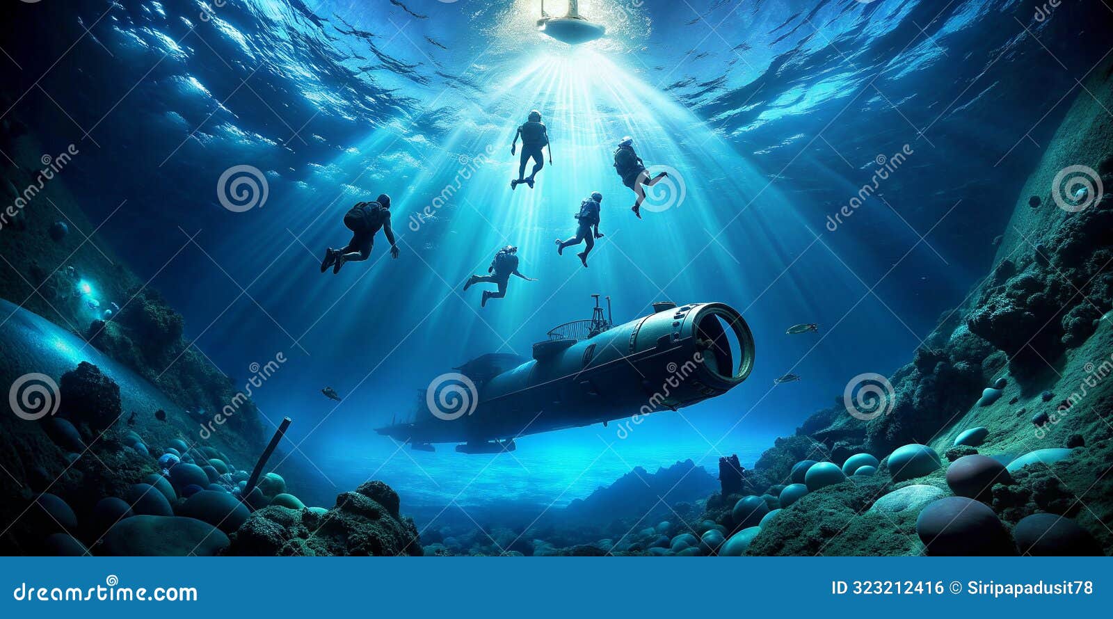 Divers Inside the Submarine Under the Sea AI-Generated Content Stock ...
