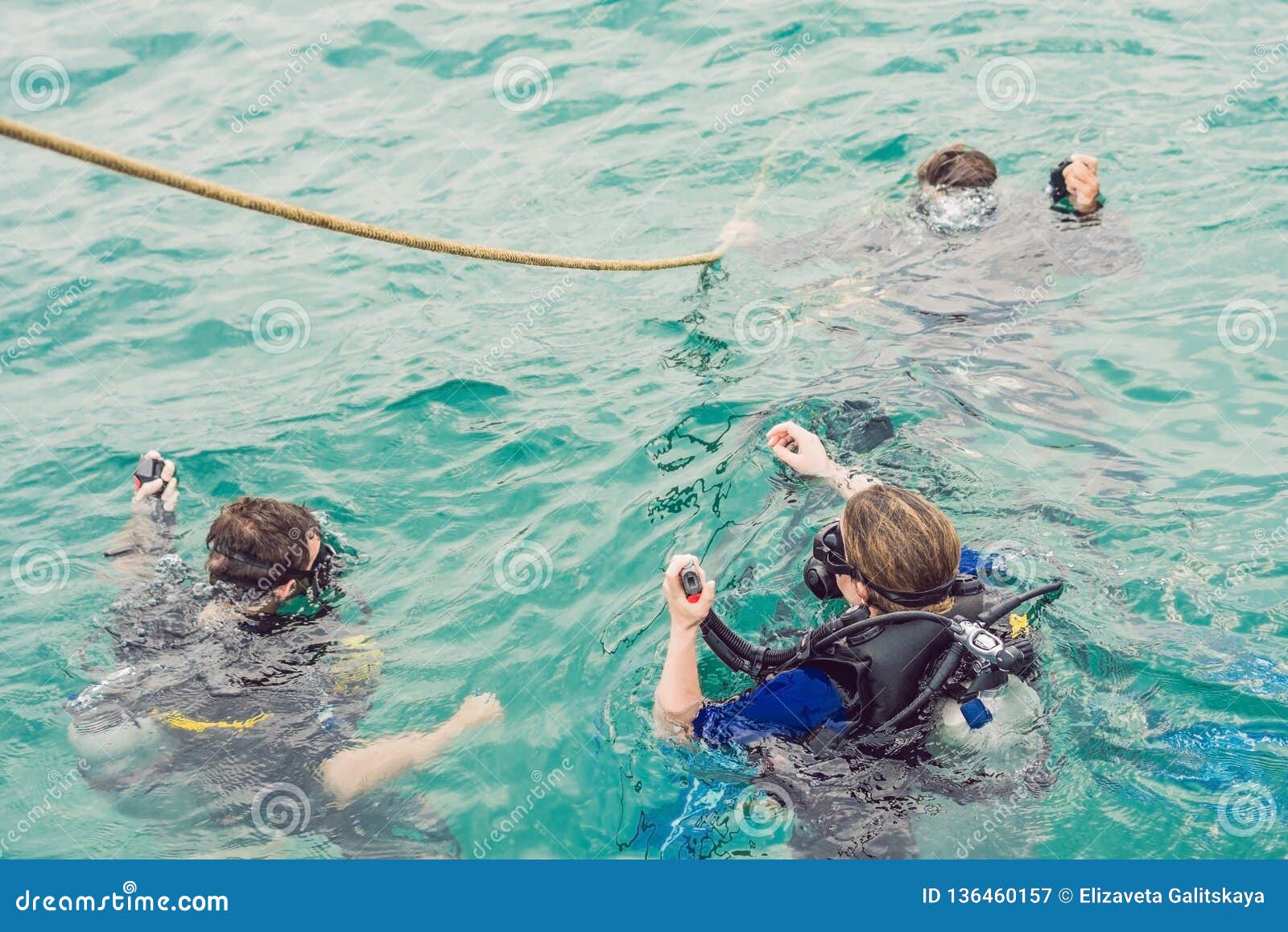Divers on the Surface of Water Ready To Dive Stock Image - Image of ...