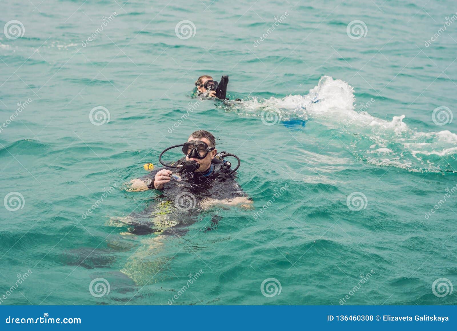 Divers on the Surface of Water Ready To Dive Stock Photo - Image of ...