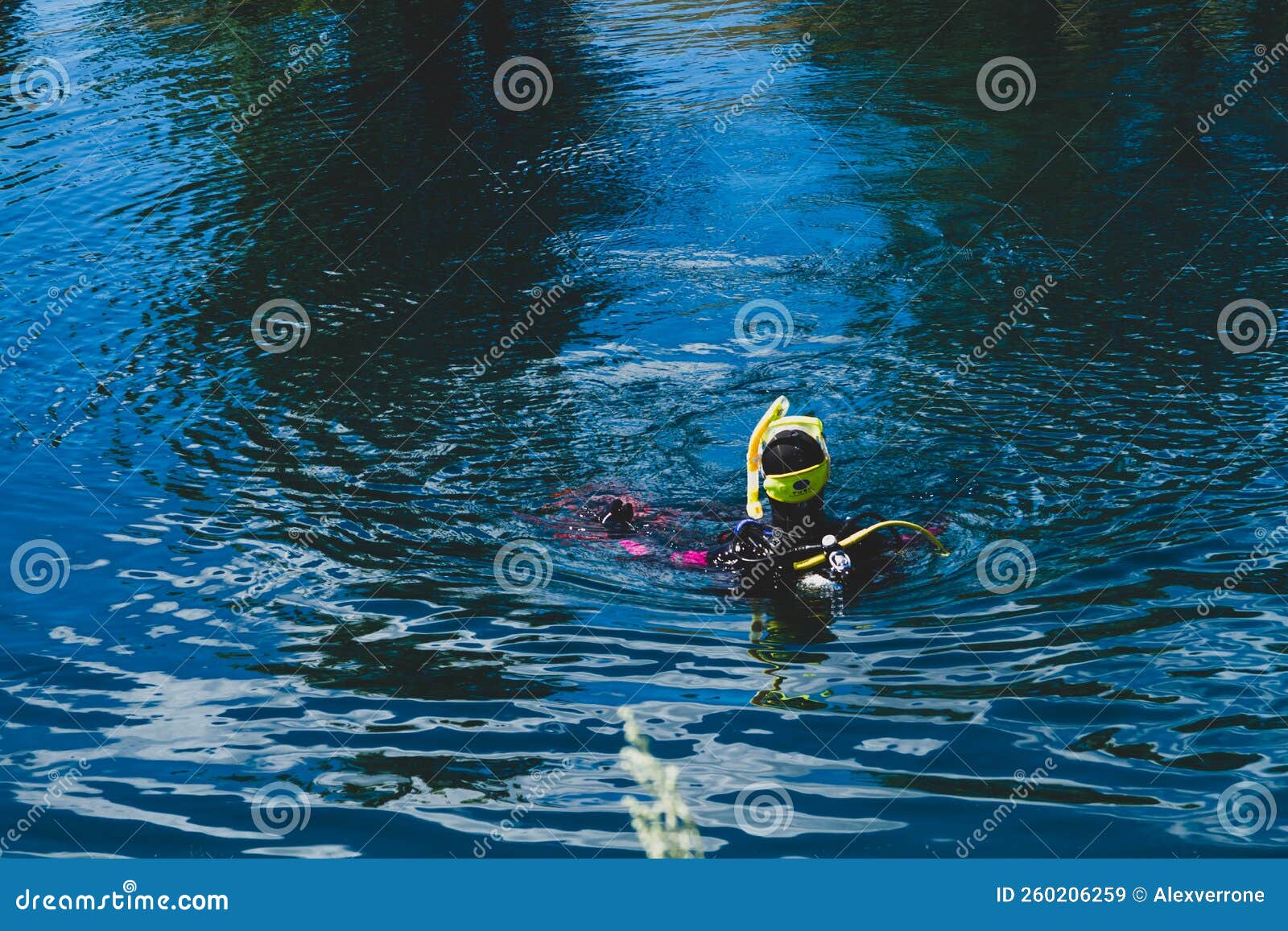 Divers in Water. Study of River Bottom. Search for Missing People ...