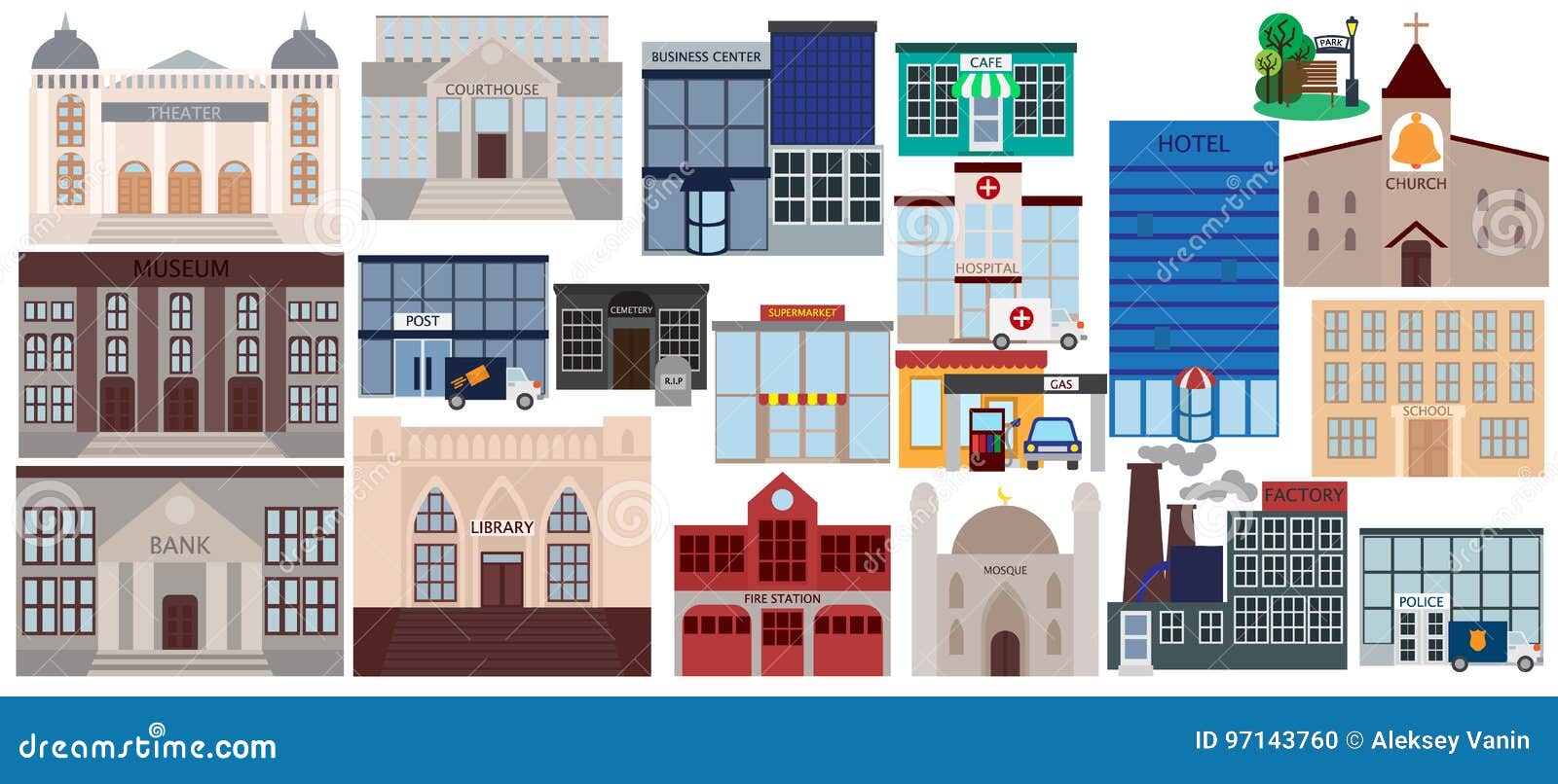 Diversa Colección De Los Elementos De Los Edificios Públicos, Iconos Planos Fijados Ilustración ...