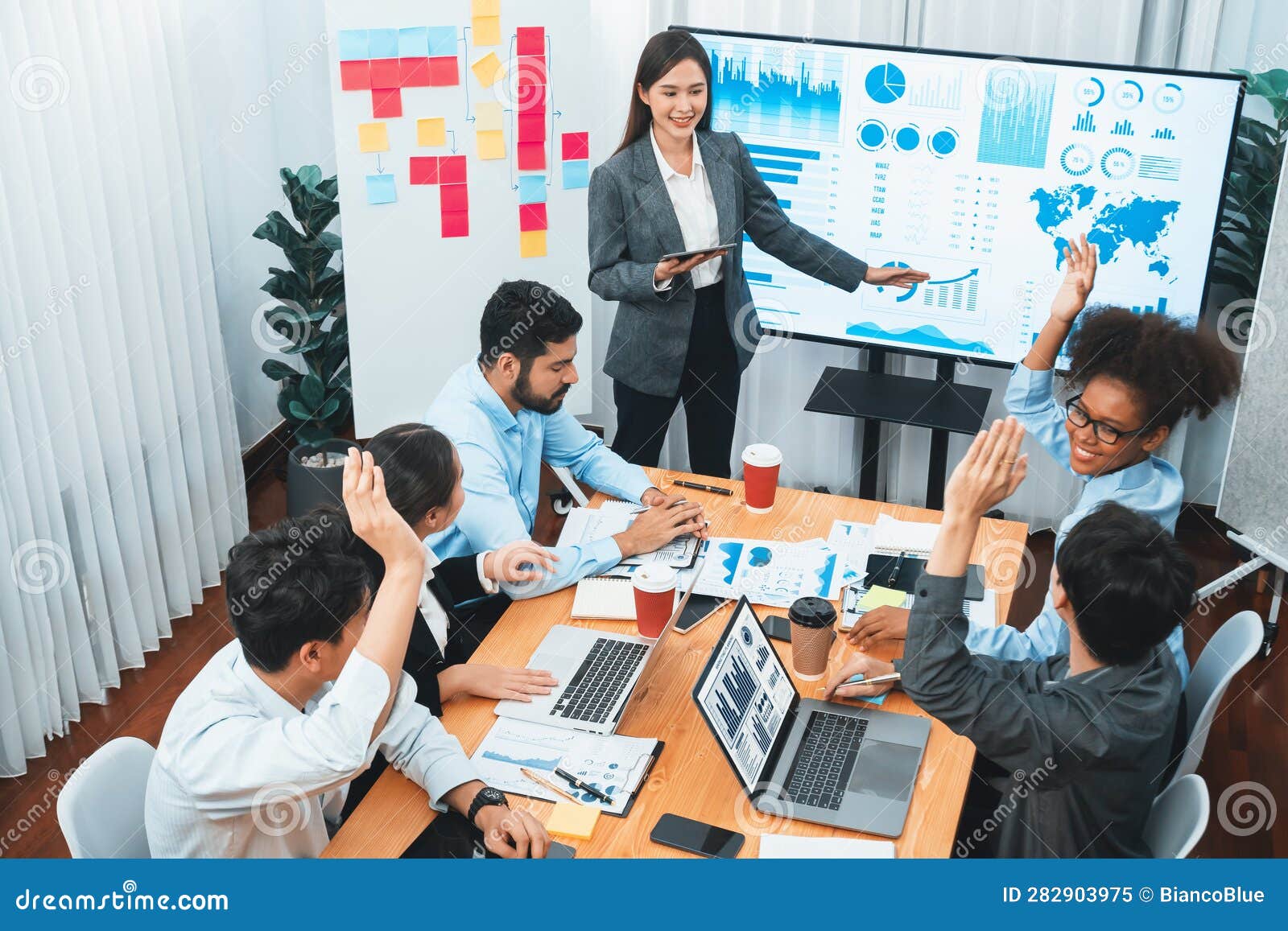 Analyst Team Colleague Raise Hand, Ask Question during Presentation ...