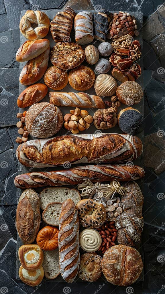A Diverse Array of Artisan Bread Types Displayed on a Rugged Stone Slab ...