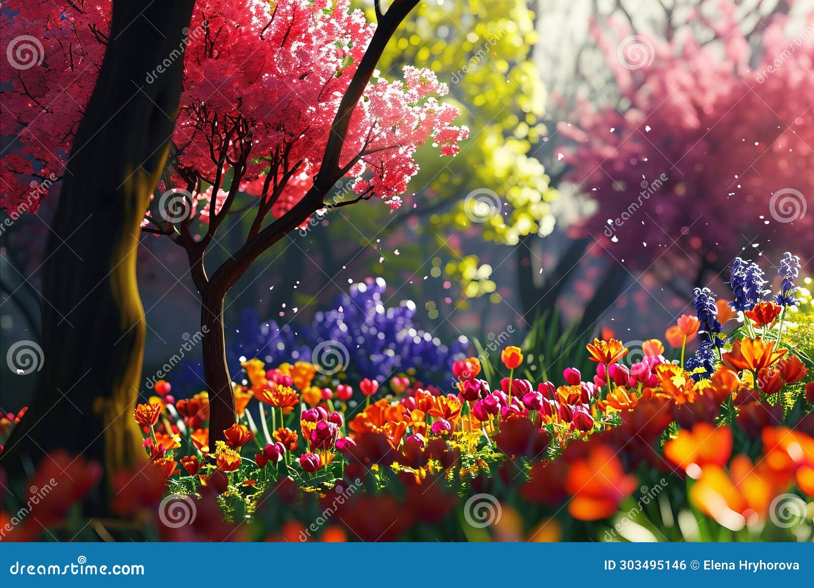 A Diverse Array of Vibrant Flowers and Budding Trees in a Verdant ...