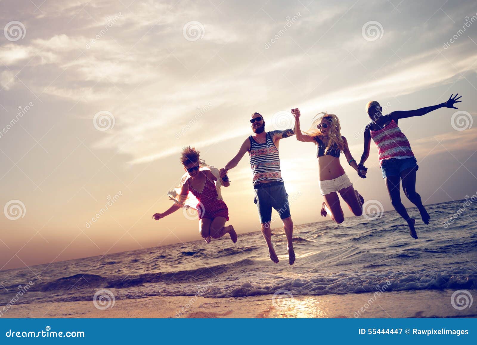 Diverse Beach Summer Friends Fun Jump Shot Concept Stock Image - Image ...