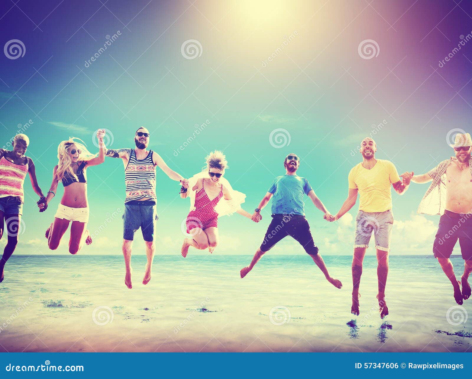 Diverse Beach Summer Friends Fun Jump Shot Concept Stock Photo - Image ...