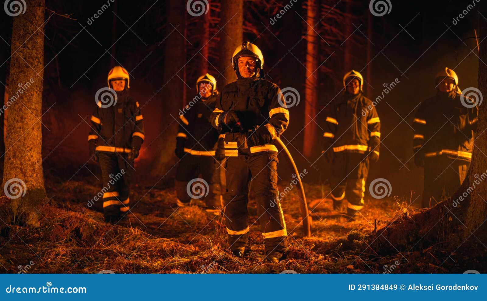 Diverse Brigade of Five Professional Firefighters Posing and Looking at ...