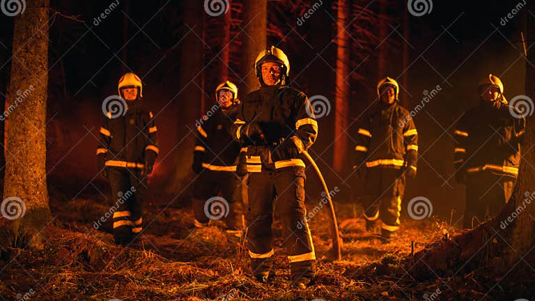 Diverse Brigade of Five Professional Firefighters Posing and Looking at ...