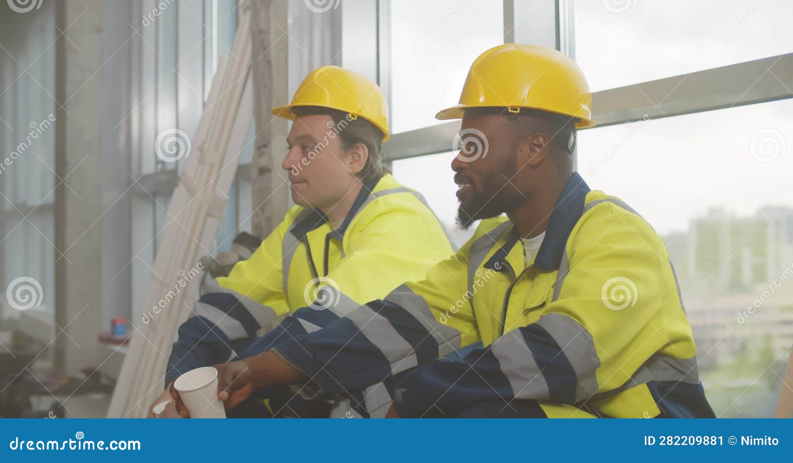 Diverse Builders Resting and Drinking Coffee at Construction Site Stock ...