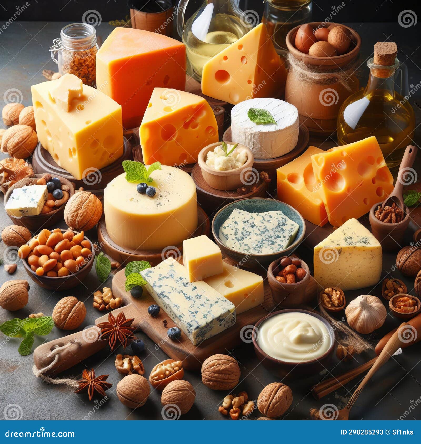 Diverse Cheeses and Nuts on a Dark Background. Different Types of ...