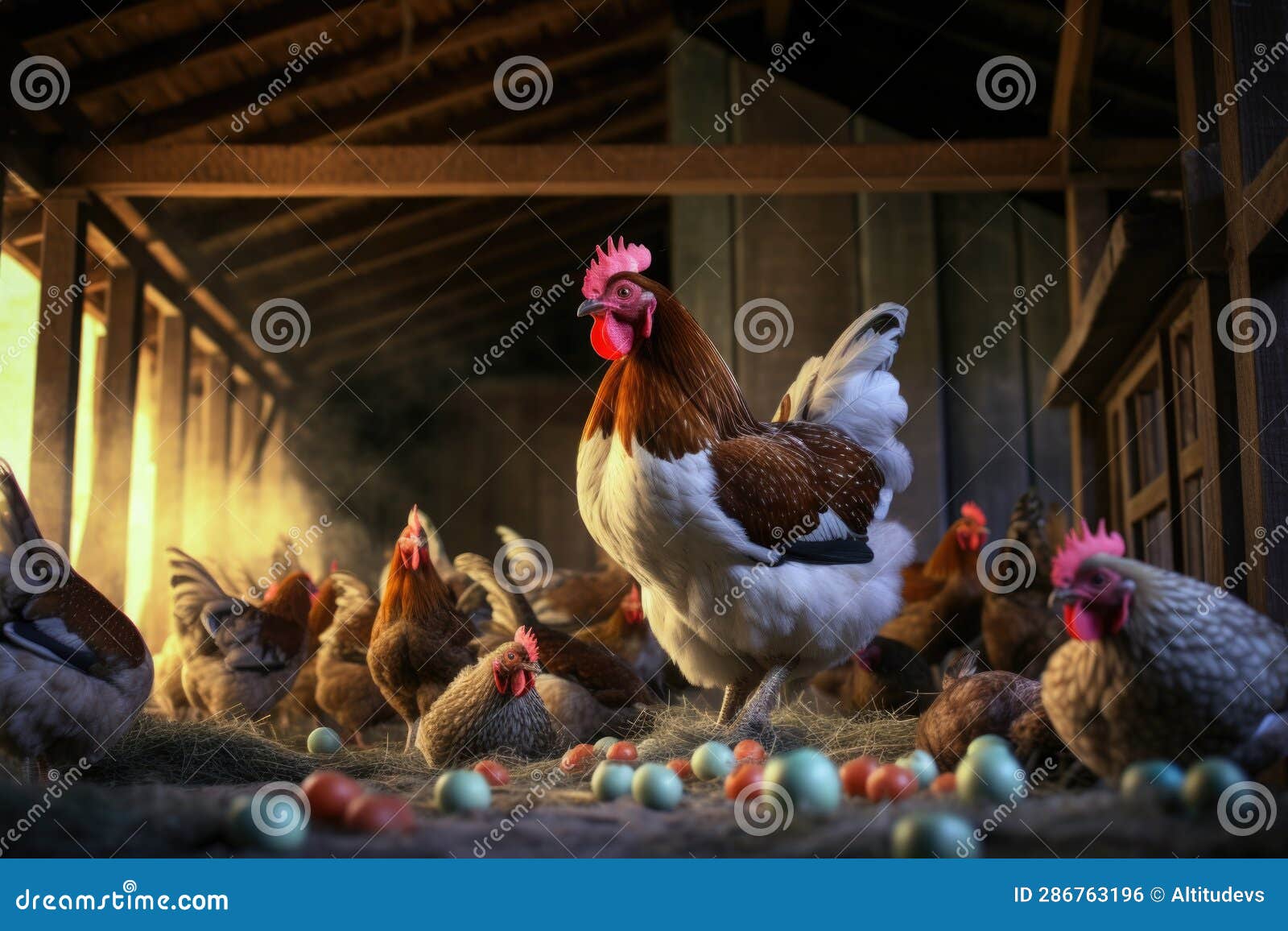 Diverse Chicken Breeds Laying Eggs in a Barn Stock Photo - Image of ...