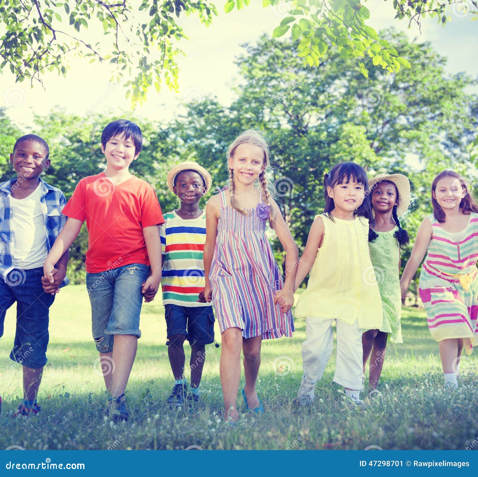 Children`s Friendship. Kids With Ponytails Have Fun, Hold Hands Up ...