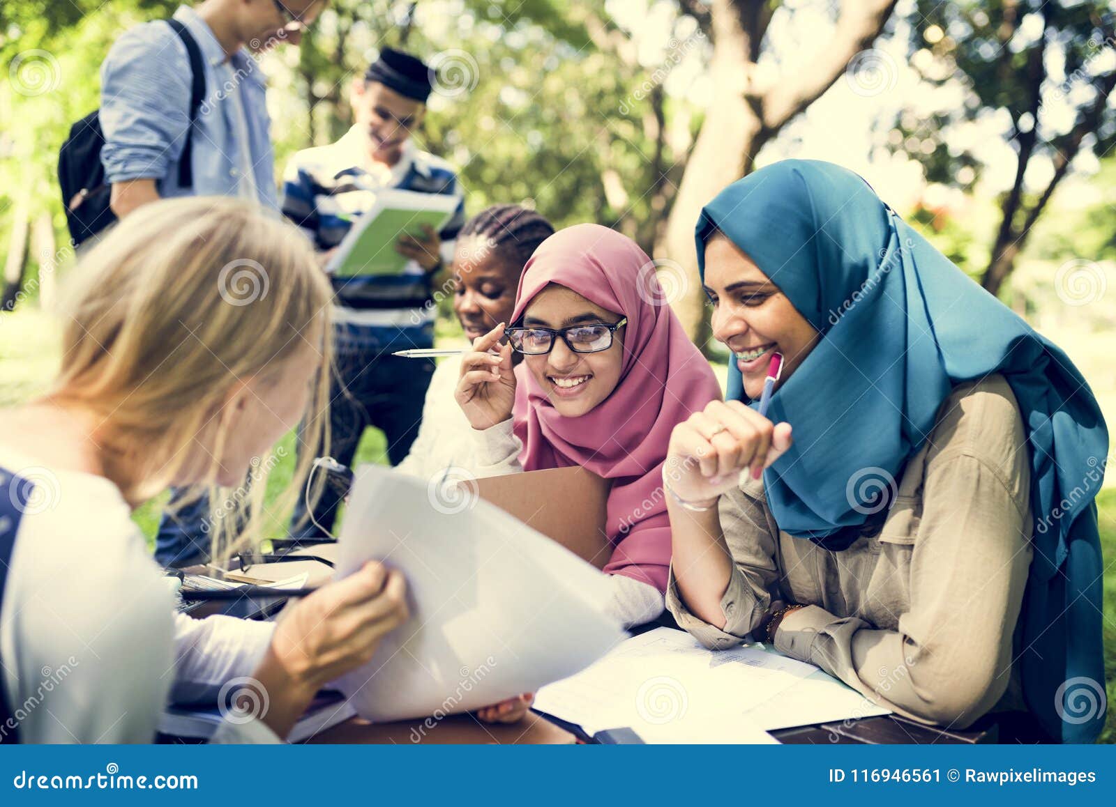 Diverse Children Studying Outdoor Together Stock Image - Image of east ...