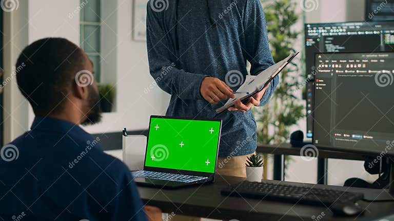 Diverse Coders Working on Code Developing and Using Greenscreen in it Agency Office Stock Photo ...