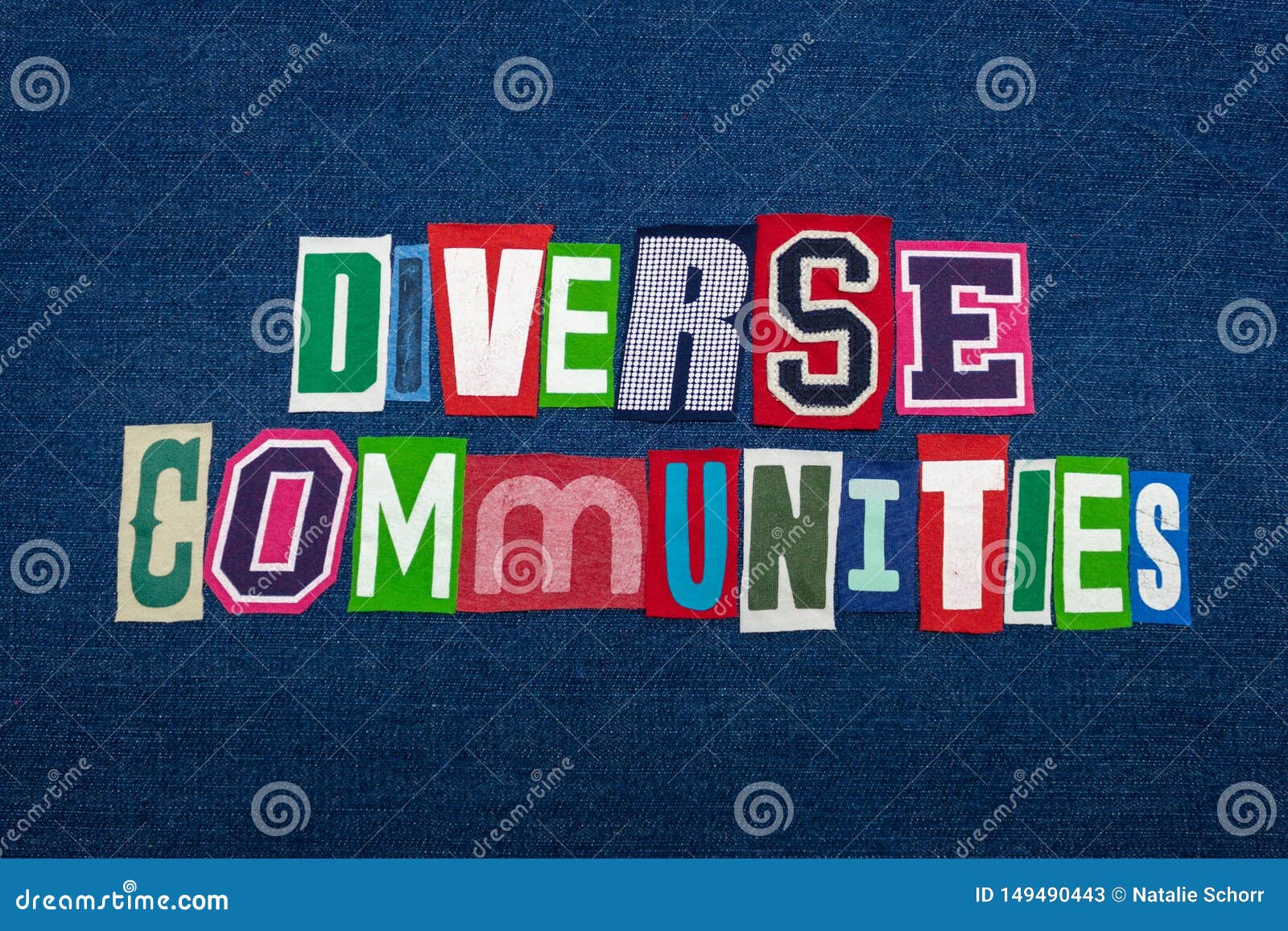 DIVERSE COMMUNITIES Text Word Collage, Multi Colored Fabric on Blue ...