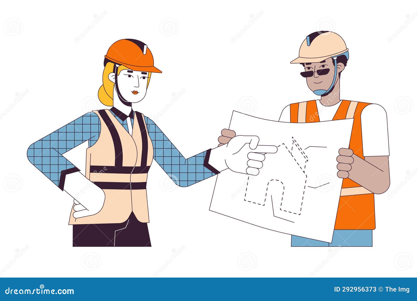 Diverse Contractors Discussing Blueprint 2D Linear Cartoon Characters ...