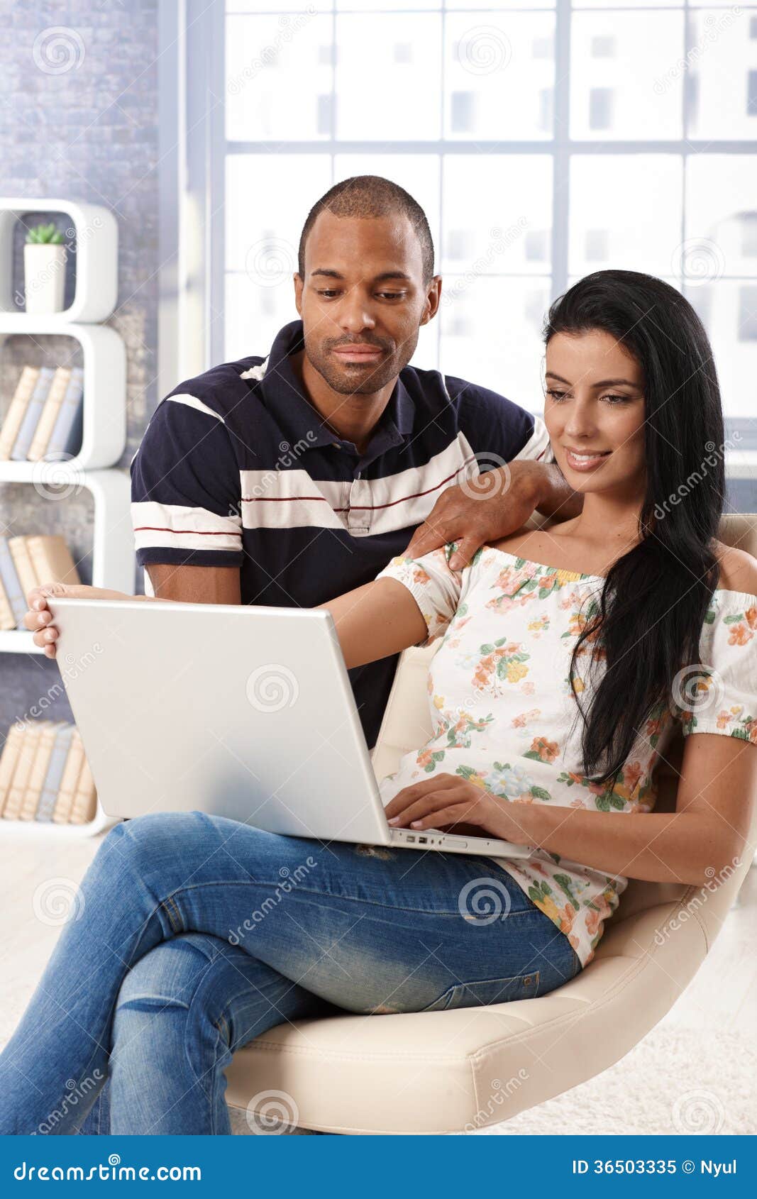 Diverse Couple Browsing Internet at Home Stock Image - Image of good ...
