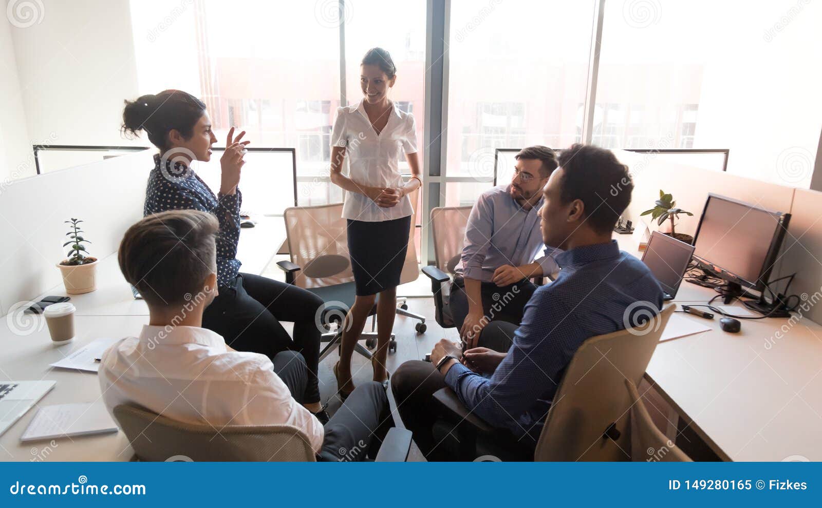 Diverse Employees Brainstorm Sharing Ideas in Shared Office Stock Image ...