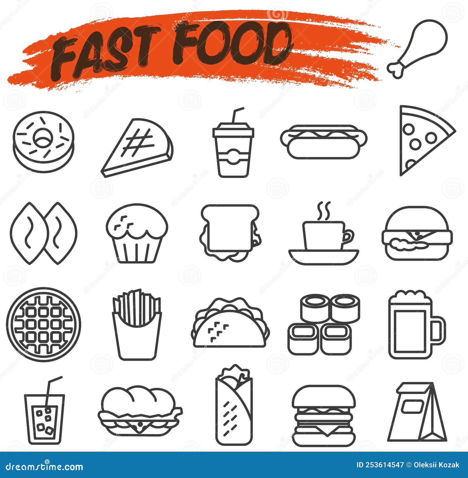 Diverse fast food icon set stock vector. Illustration of drawn - 253614547
