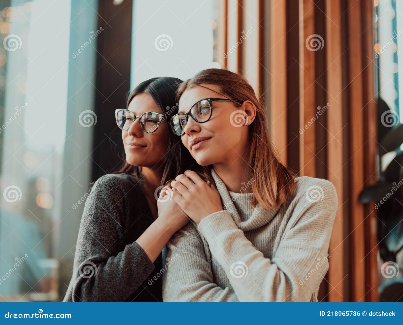 Diverse Friends Girls Lesbian Couple Hugging Stylish Cool Generation Z