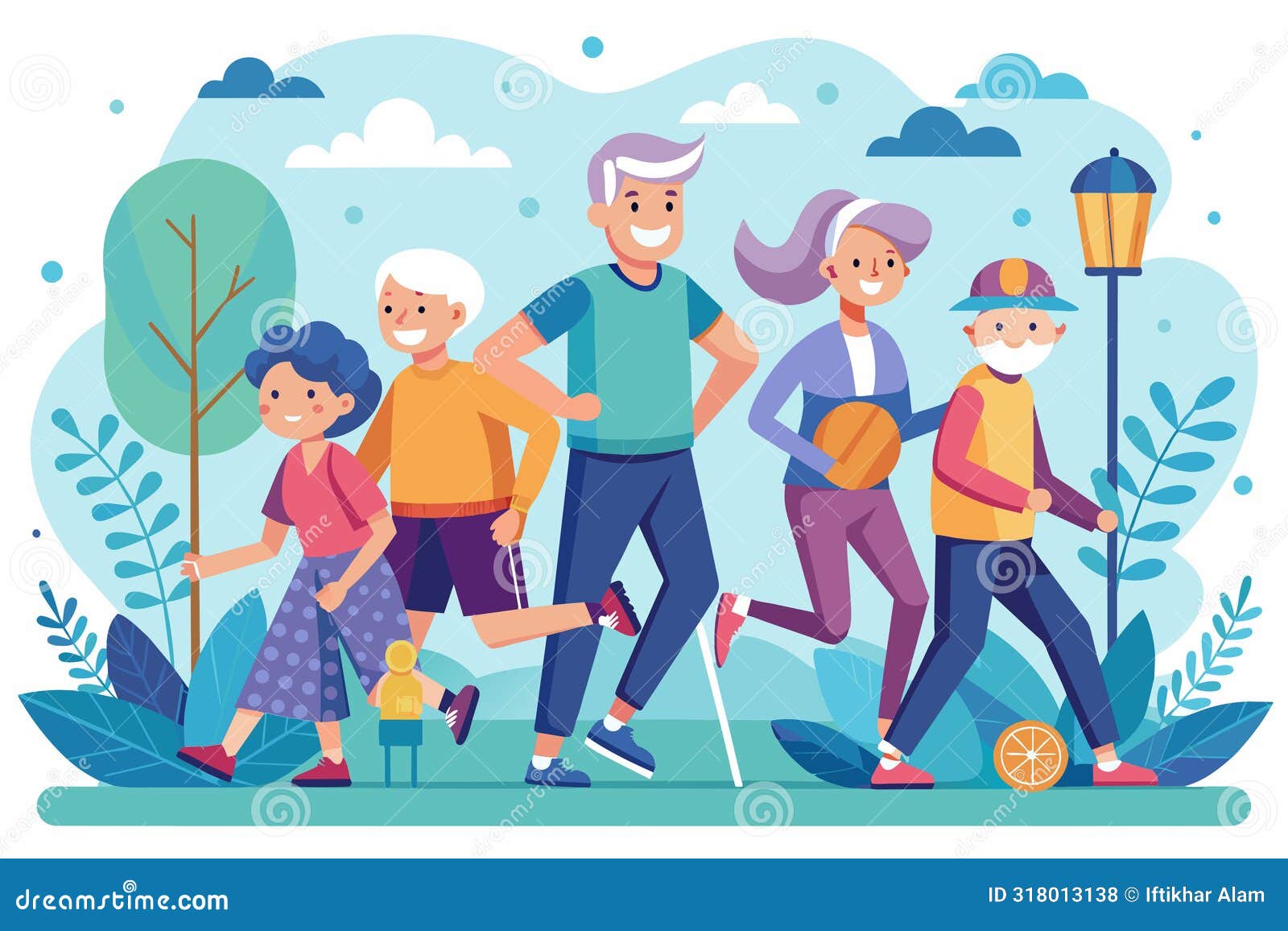 Diverse Group of Active Elderly People Walking Together in the Park ...