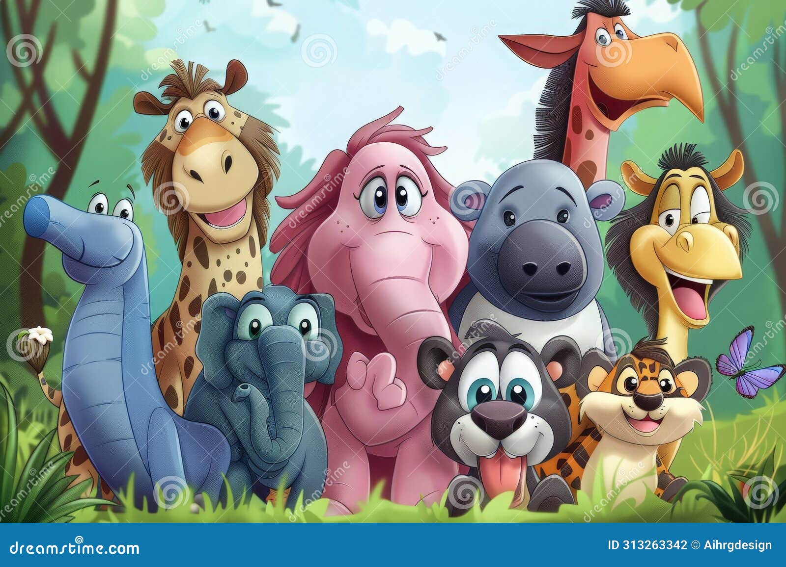 Whimsical Gathering of Cartoon Animals in Enchanted Forest Stock ...