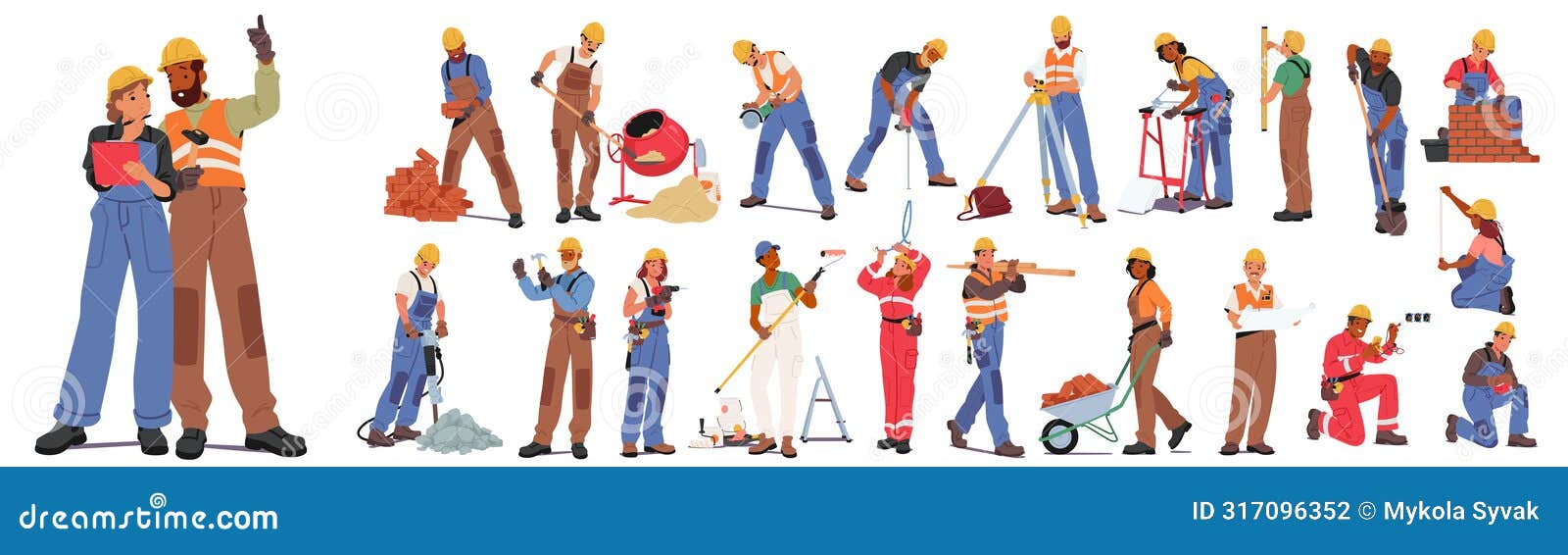 Diverse Group of Builders Engaged in Construction Activities, Planning ...