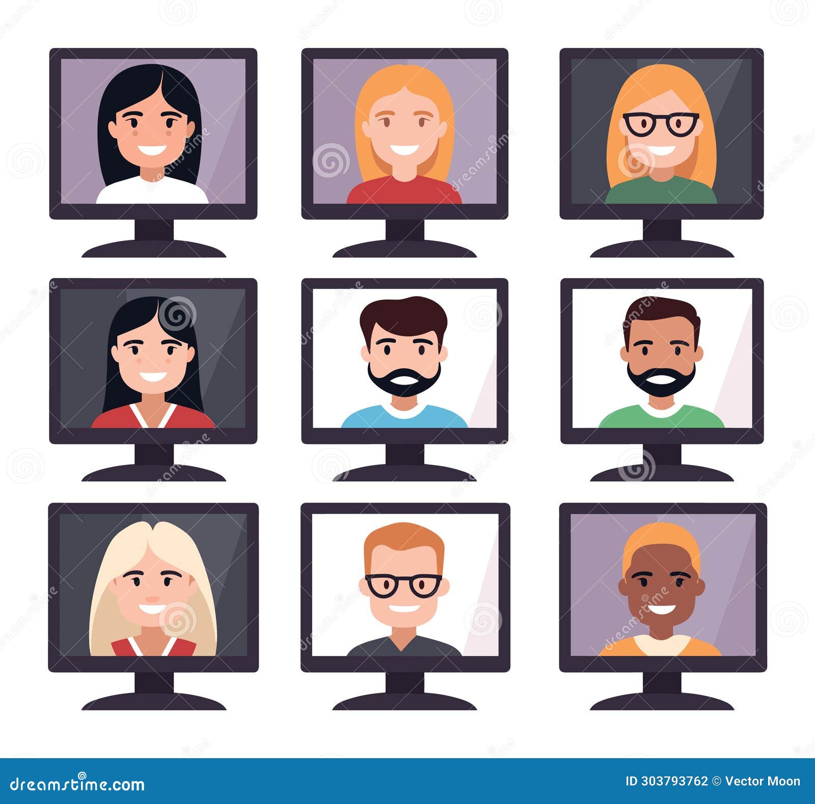 Diverse Group of Cartoon People in Computer Screens. Online Meeting ...
