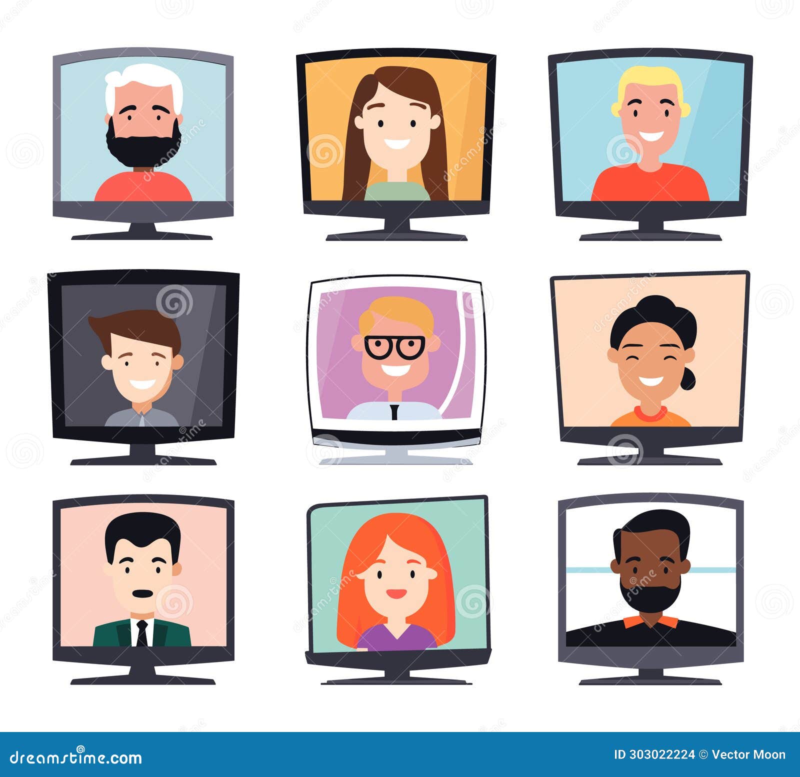 Diverse Group of Cartoon People on Computer Screens. Virtual Meeting ...