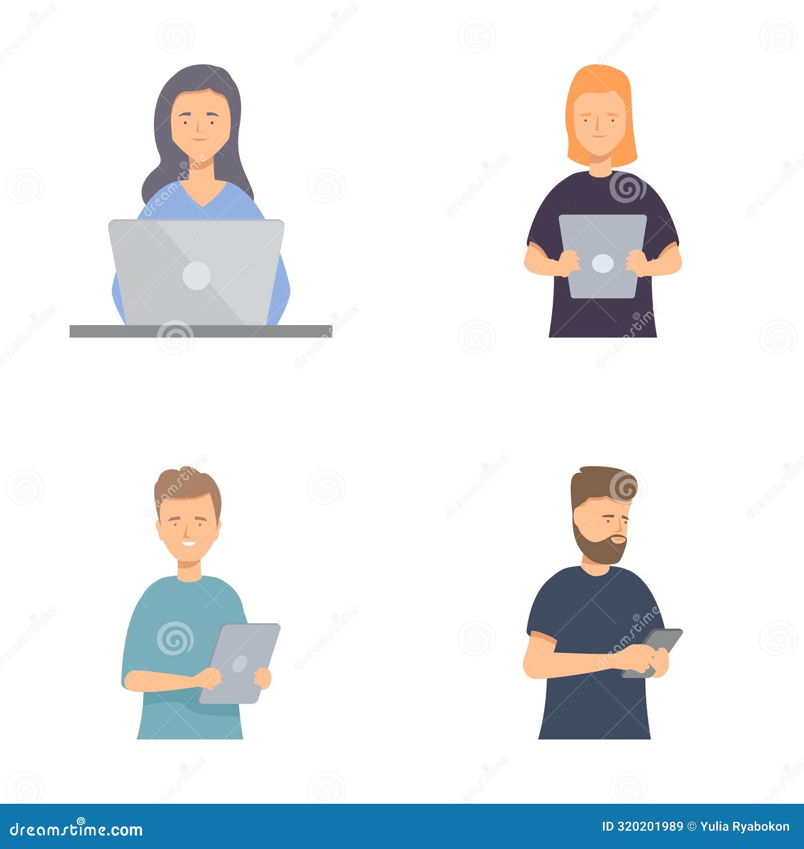 Diverse Group of Cartoon People with Digital Devices Stock Illustration ...