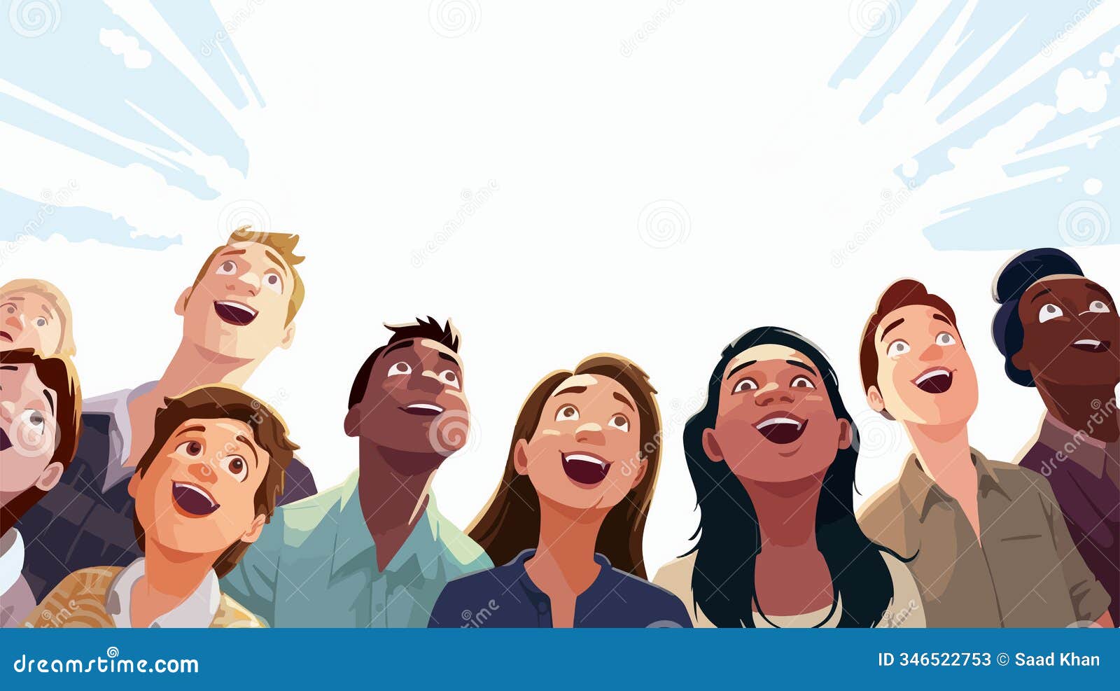 Diverse Group of Cartoon People Looking Up with Curiosity Stock Vector ...