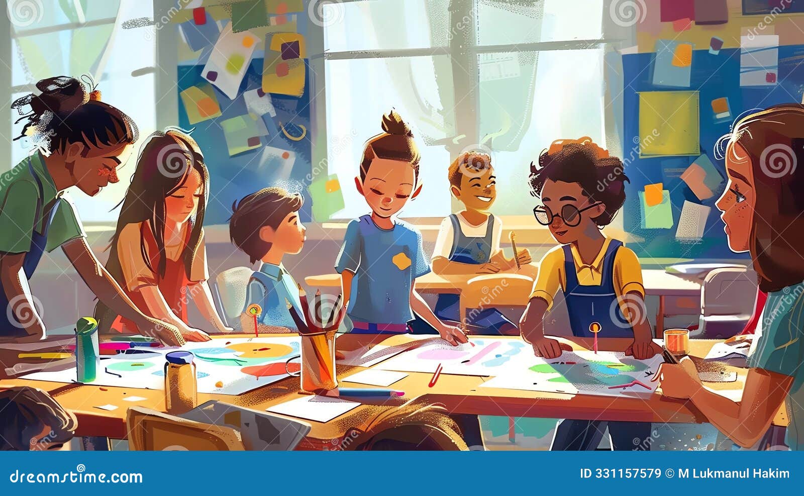 Diverse Group of Children Collaborating on Art Project in a Classroom ...