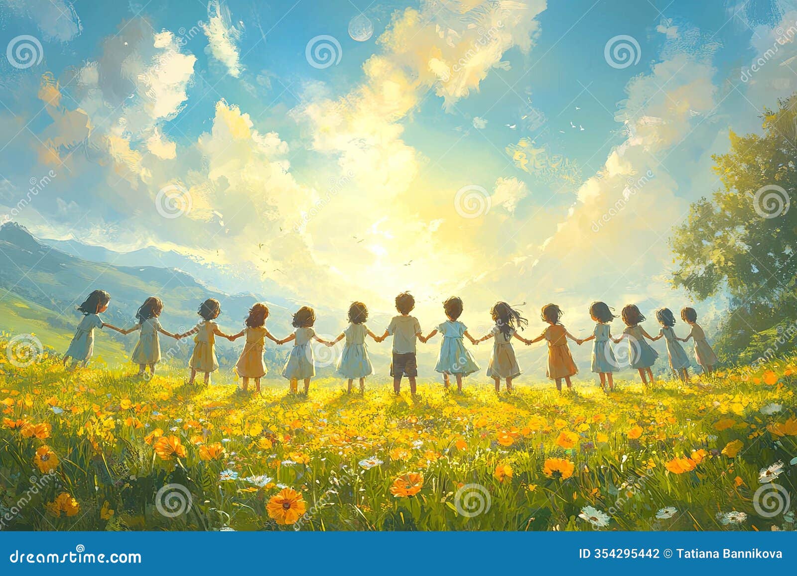 A Diverse Group of Children Holding Hands in a Circle, Standing in a ...