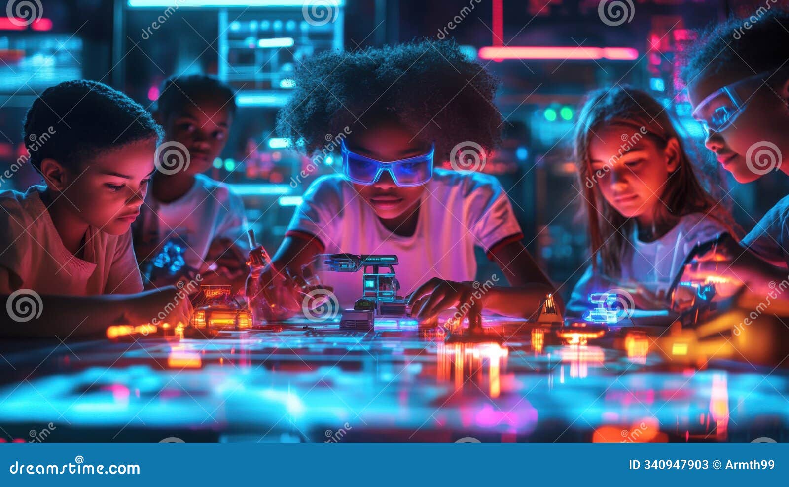 Diverse Group of Children Learning STEM in a Modern Lab with Neon ...