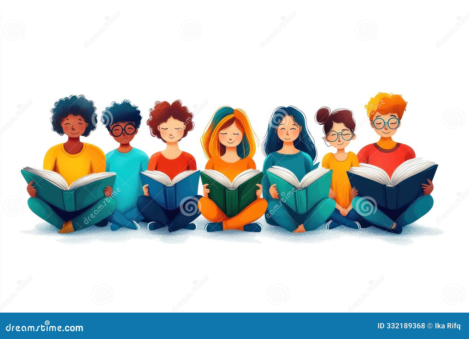 Diverse Group of Children Reading Books Illustration Stock Illustration ...