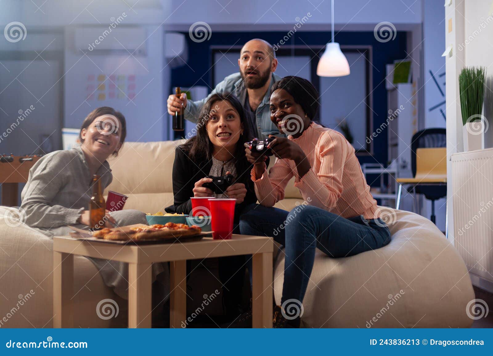 Diverse Group of Colleagues Playing Video Games on Tv Console Stock ...