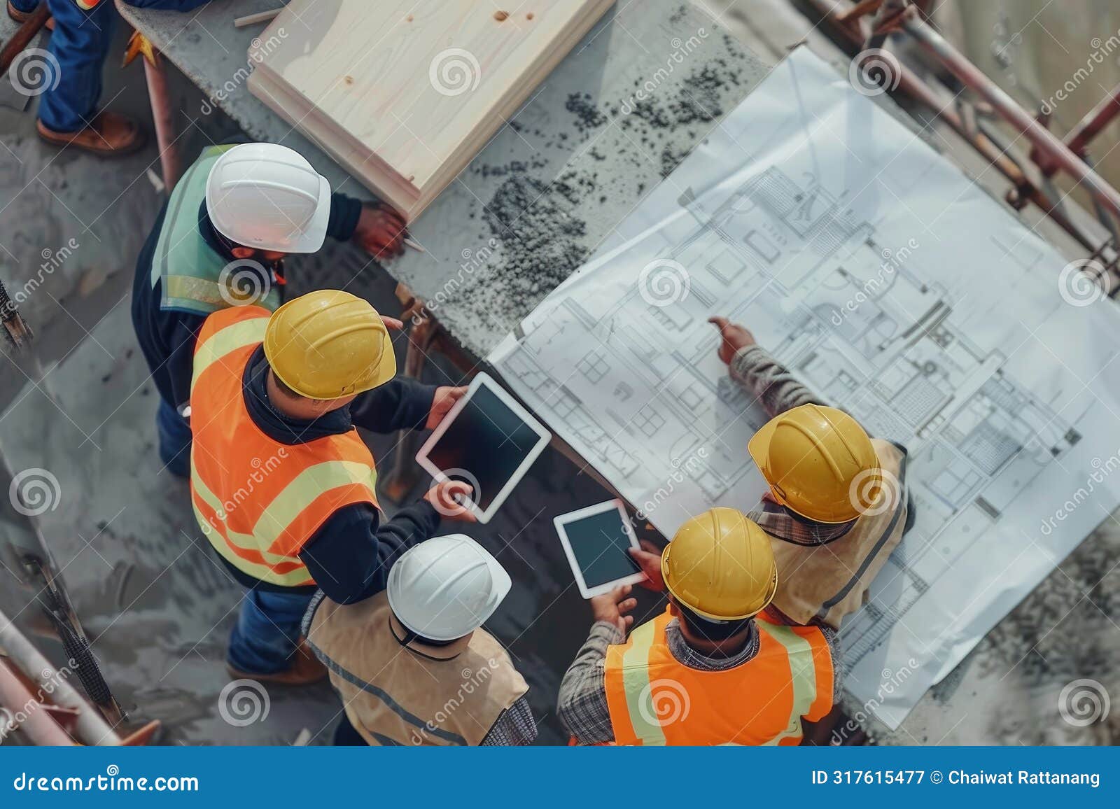 A Diverse Group of Construction Workers Using Tablets and Blueprints To ...