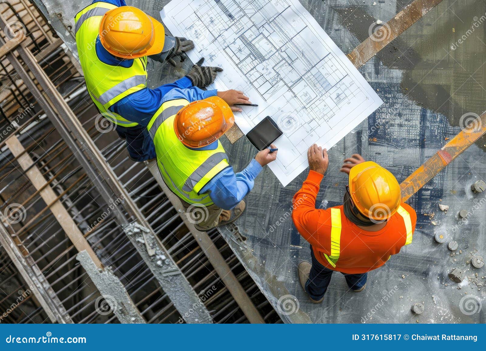 A Diverse Group of Construction Workers Using Tablets and Blueprints To Collaborate on a ...