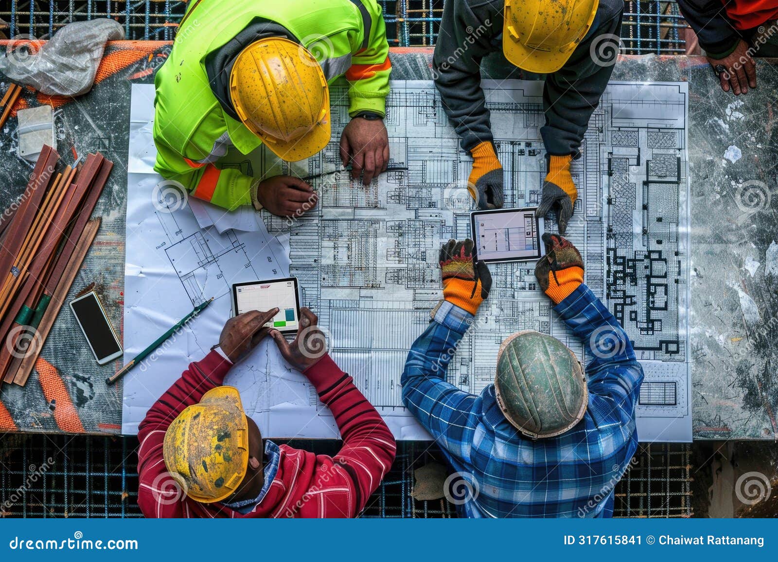A Diverse Group of Construction Workers Using Tablets and Blueprints To Collaborate on a ...