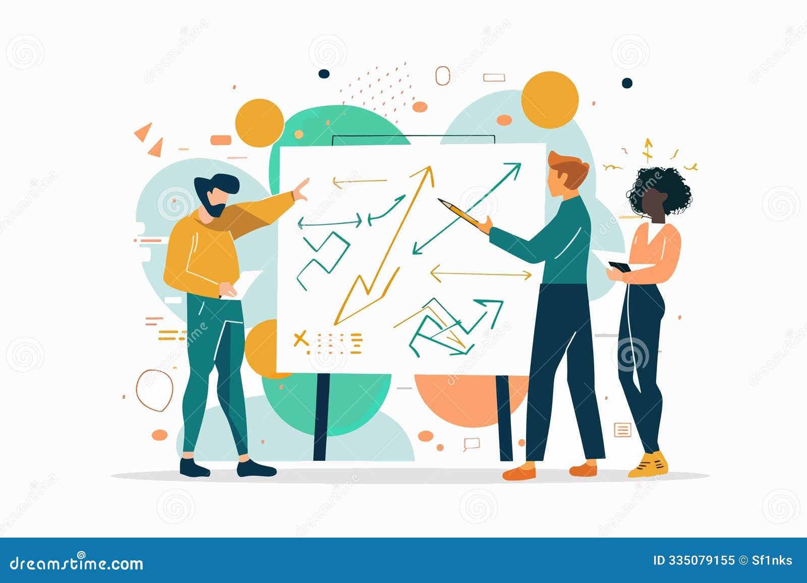 Diverse Group Discussing Strategy on Whiteboard with Colorful Arrows ...