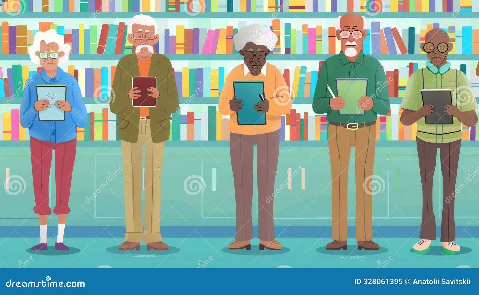 A Diverse Group of Elderly People Stands Together in a Library ...